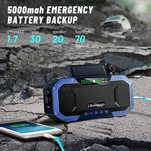 Emergency Radio Waterproof Bluetooth Speaker,Portable Digital AM FM Radio with Flashlight,Reading Lamp,Hand Crank NOAA Weather Radio with Solar Panel,5000mAH Cell Phone Charger,Emergency Survival Kit