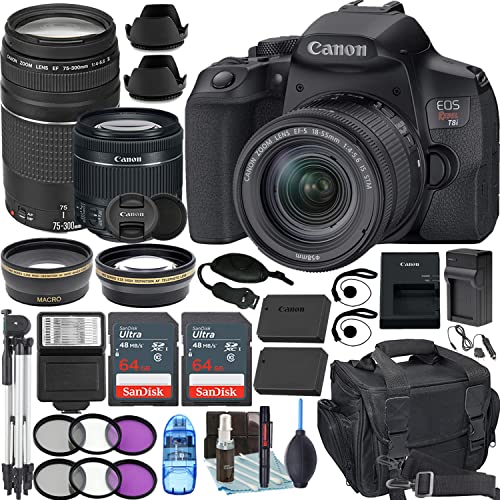 Camera Bundle for Canon EOS Rebel T8i with EF-S 18-55mm f/4-5.6 is STM and EF 75-300mm f/4-5.6 III Lens + Accessories Bundle (128GB, 50in Tripod, Extra Battery, and More)