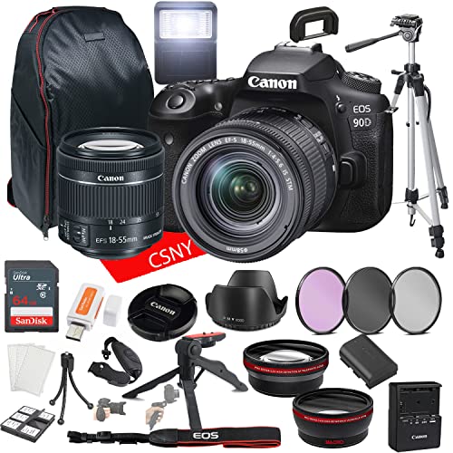 Canon EOS 90D DSLR Camera w/EF-S 18-5mm F/4-5.6 is STM Lens + 64GB Memory + Back Pack Case + Tripod, Lenses, Filters, & More (28pc Bundle)