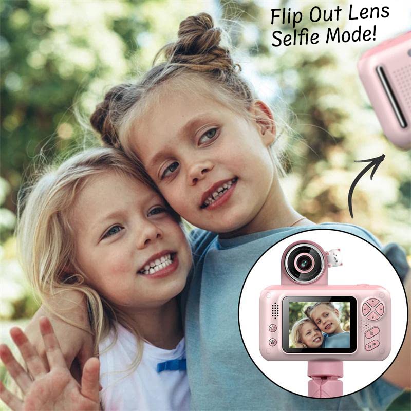 Acuvar Full 1080P Kids Selfie Flip Lens HD Compact Digital Photo & Video Rechargeable Camera with 2" LCD Screen, Matching Handheld Tripod, 32GB Card and Micro USB Charging (Pink)