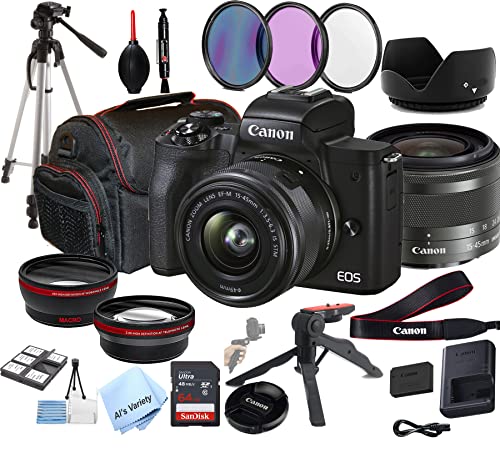 Canon EOS M50 Mark II Mirrorless Digital Camera with 15-45mm Lens + 64GB Card, Tripod, Case,(28pc Bundle) (Renewed)