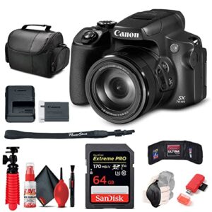 canon powershot sx70 hs digital camera (3071c001) + 64gb memory card + card reader + deluxe soft bag + flex tripod + hand strap + memory wallet + cleaning kit (renewed)