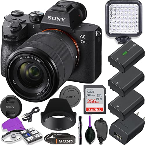 Sony a7 III Mirrorless Camera (Black) with Sony FE 28-70mm f/3.5-5.6 Bundle + Accessories (LED Light, 256Gb Memory, Extra Batteries and More)