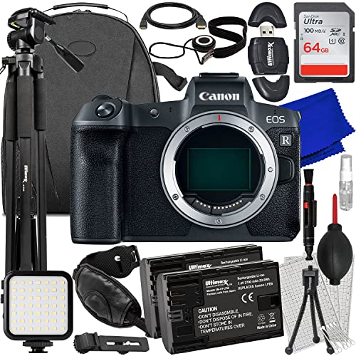 Ultimaxx Advanced Bundle + Canon EOS R Mirrorless Camera (Body Only) + SanDisk 64GB Ultra Memory Card, LED Video Light, 60” Tripod, 2x Replacement Batteries, Camera Backpack & More (24pc Bundle)