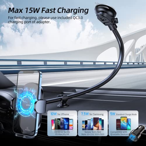 Phone Mount for Car Wireless Charger, APPS2Car 15W Dashboard Windshield Air Vent Wireless Phone Holder Charger, Phone Car Mount Wireless Charger, Compatible with iPhone 14/13/12/11, Samsung, LG & More