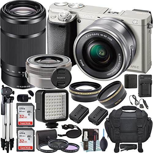 Alpha a6000 Mirrorless Digital Camera (Silver) with 16-50mm f/3.5-5.6 OSS and 55-210mm f/4.5-6.3 OSS Lens + Accessory Bundle Kit (Tripod, Travel Charger, Extra Battery, and More)