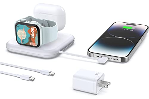 Charging Station for Multiple Devices Apple - 3 in1 Charger Pad with 20W PD Adapter Compatible with iPhone 14 13 12 11 Pro Max XS XR 8 7 6s 6 Wireless Charger Stand for Apple Watch AirPods Series