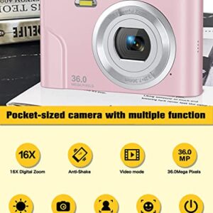 Digital Camera with 32GB SD Card, Lecran Kids Camera FHD 1080P 36.0 Mega Pixels Vlogging Camera with 16X Digital Zoom, LCD Screen, Compact Portable Mini Cameras for Kids, Teens, Students (Pink)