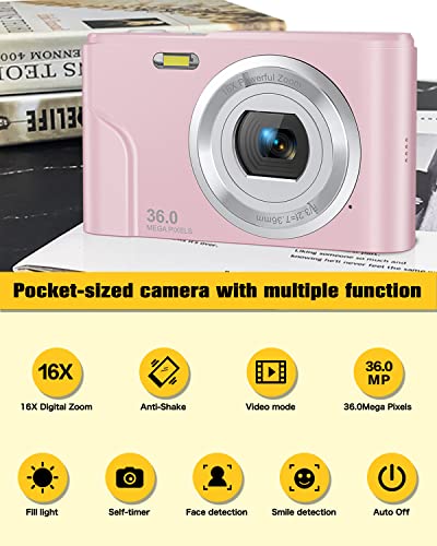 Digital Camera with 32GB SD Card, Lecran Kids Camera FHD 1080P 36.0 Mega Pixels Vlogging Camera with 16X Digital Zoom, LCD Screen, Compact Portable Mini Cameras for Kids, Teens, Students (Pink)