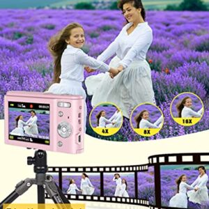 Digital Camera with 32GB SD Card, Lecran Kids Camera FHD 1080P 36.0 Mega Pixels Vlogging Camera with 16X Digital Zoom, LCD Screen, Compact Portable Mini Cameras for Kids, Teens, Students (Pink)