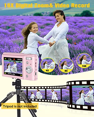 Digital Camera with 32GB SD Card, Lecran Kids Camera FHD 1080P 36.0 Mega Pixels Vlogging Camera with 16X Digital Zoom, LCD Screen, Compact Portable Mini Cameras for Kids, Teens, Students (Pink)