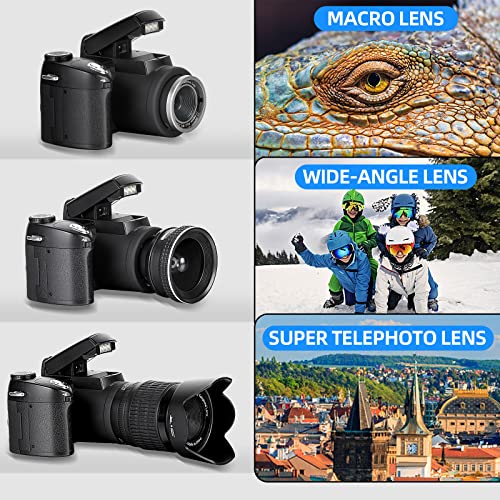 Monitech DSLR Cameras 33MP Digital Camera FHD 1080P Video Camera Auto-Focus Digital Cameras for Photography 24X Digital Zoom Vlogging Camera for YouTube with Tripod and 3 Lenses