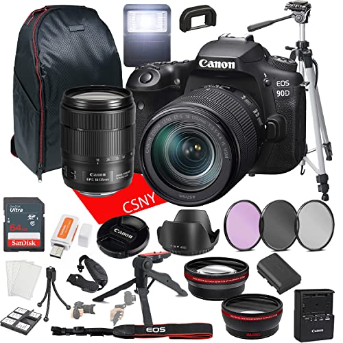 Canon EOS 90D DSLR Camera w/EF-S 18-135mm F/3.5-5.6 is USM Lens + 64GB Memory + Back Pack Case + Tripod, Lenses, Filters, & More (28pc Bundle)