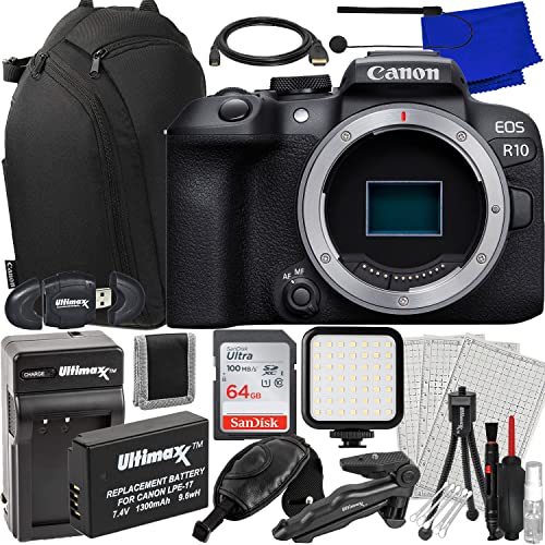 Ultimaxx Advanced Bundle + Canon EOS R10 Mirrorless Camera (Body Only) + Canon 100s Sling Camera Backpack, SanDisk 64GB Ultra SDXC, Replacement Battery, Ultra Bright LED Video Light& More(26pc Bundle)