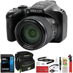 minolta mn67z-bk 20mp / 1080p hd bridge digital camera with 67x optical zoom bundle with lexar professional 633x 64gb uhs-1 class 10 sdxc memory card and deco gear camera bag for dslr (black)