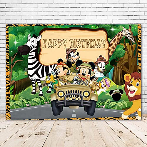 YouRan Mickey Mouse Jungle Safari Party Themed Backdrop 7x5 Happy Birthday Go Wild Safari Mickey Mouse Truck Background for Kids 1st Birthday Vinyl Birthday Party Banner