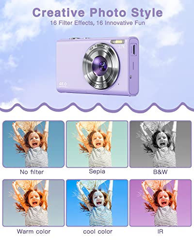 Digital Camera, Zostuic 2.7K Autofocus 48MP Kids Camera with 32 GB Card 16X Zoom Compact Portable Mini Toy Cameras Christmas Birthday Festival Gift for Kid Children Teens Girls Boys(Purple)