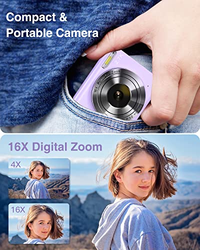 Digital Camera, Zostuic 2.7K Autofocus 48MP Kids Camera with 32 GB Card 16X Zoom Compact Portable Mini Toy Cameras Christmas Birthday Festival Gift for Kid Children Teens Girls Boys(Purple)