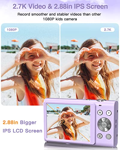 Digital Camera, Zostuic 2.7K Autofocus 48MP Kids Camera with 32 GB Card 16X Zoom Compact Portable Mini Toy Cameras Christmas Birthday Festival Gift for Kid Children Teens Girls Boys(Purple)