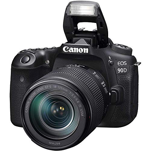 Canon EOS 90D DSLR Camera with 18-135mm Lens (3616C016) + 4K Monitor + Pro Headphones + Pro Mic + 2 x 64GB Memory Card + Case + Corel Photo Software + Pro Tripod + 3 x LPE6 Battery + More (Renewed)