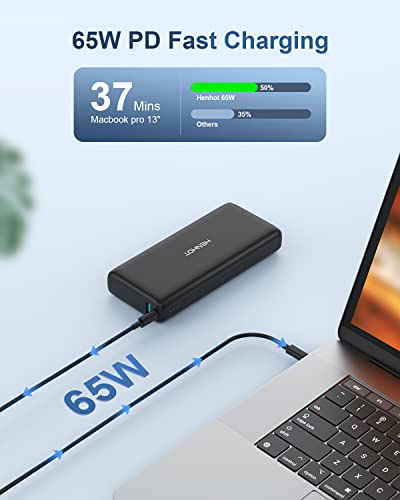 HenHot Power Bank, 65W 20000mAh Laptop Portable Charger - Fast Charging USB C PD 3.0 External Battery Pack Compatible with MacBook, Steam Deck, iPad, iPhone 14/13/12 Pro Max, Galaxy, Google Pixel