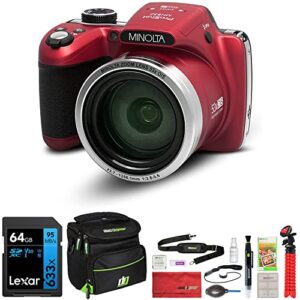 minolta mn53z-r pro shot 16mp digital camera with 53x optical zoom, red bundle with lexar professional 633x 64gb uhs-1 class 10 sdxc memory card and deco gear camera bag (small) with accessory kit