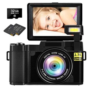 cedita 2.7k digital camera vlogging camera 30mp full hd digital camera with retractable flash light camera 3 inch flip screen vlogging camera for youtube with two batteries, black