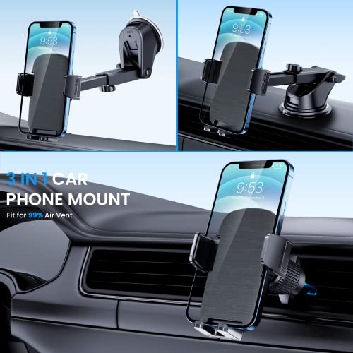 Phone Mount for Car Phone Holder [Military-Grade Suction & Stable Clip]Car Phone Holder Mount Windshield Dashboard Air Vent Universal Cell Phone Automobile Mount Fit For All iPhone Android Smartphones