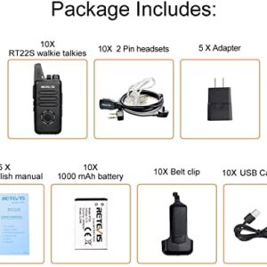 Retevis RT22S 2 Way Radios Walkie Talkies Long Range,Two Way Radios Rechargeable with Earpiece and Mic,Channel Display,Hands Free,for Healthcare Church School Retail Restaurant Automotive(10 Pack)