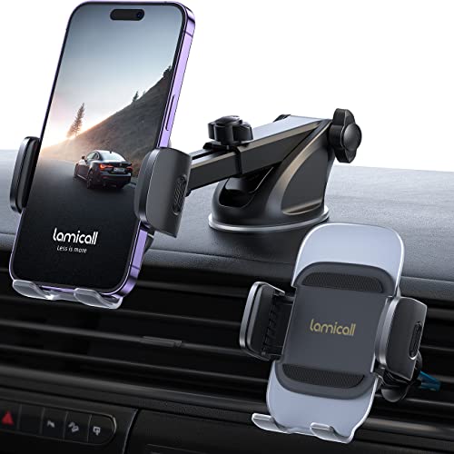 Lamicall 2023 Dashboard Car Phone Mount Holder - [Acrylic Clamp Design] 3in1 Long Arm Car Cell Phone Mount, Super Suction Cup, Automobile Dashboard Windshield Vent Accessories Cradle for All iPhone