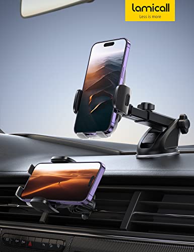 Lamicall 2023 Dashboard Car Phone Mount Holder - [Acrylic Clamp Design] 3in1 Long Arm Car Cell Phone Mount, Super Suction Cup, Automobile Dashboard Windshield Vent Accessories Cradle for All iPhone