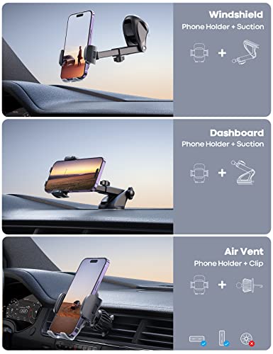 Lamicall 2023 Dashboard Car Phone Mount Holder - [Acrylic Clamp Design] 3in1 Long Arm Car Cell Phone Mount, Super Suction Cup, Automobile Dashboard Windshield Vent Accessories Cradle for All iPhone