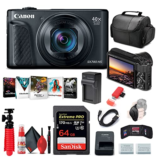 Canon PowerShot SX740 HS Digital Camera (Black) (2955C001) + 64GB Memory Card + NB13L Battery + Corel Photo Software + Charger + Card Reader + Soft Bag + Flex Tripod + More (Renewed)