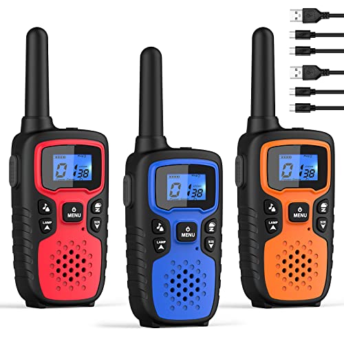 Walkie Talkies for Adults Long Range-Wishouse Rechargeable 2 Way Radios,Hiking Accessories Camping Gear Toys for Kids with Lamp,SOS Siren,NOAA Weather Alert,VOX,Easy to Use(Red Blue Orange 3 Pack)