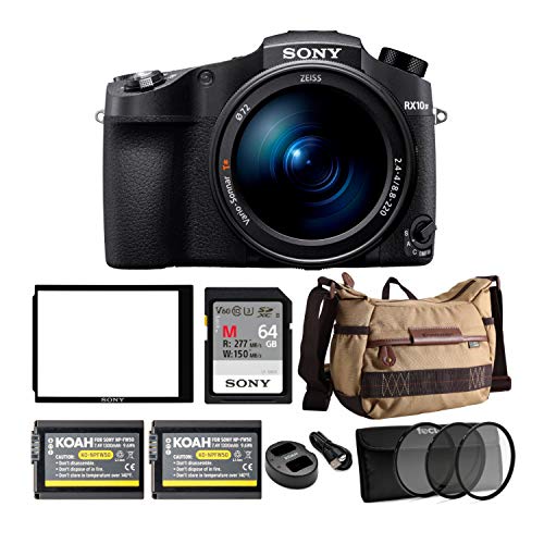 Sony CyberShot RX10 IV Digital Camera Bundle with LCD Protector, 72mm 3-Piece Filter Kit, 64GB Memory Card, Two-Pack Rechargeable Battery and Dual Charger, and 21 DSLR Shoulder Gadget Bag (6 Items)