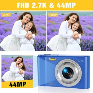 Digital Camera, Lecran FHD 2.7K 44.0 MegaPixels Vlogging Camera with 16X Digital Zoom, 2.88" IPS Screen, Mini Compact Portable Cameras for Students, Teens, Kids (Blue)