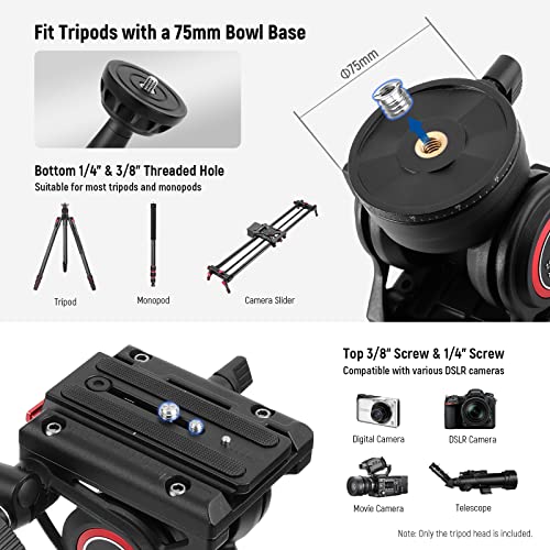 NEEWER Video Tripod Fluid Head with Quick Release Plate Compatible with DJI RS Gimbals Manfrotto, Telescopic Handle & Scaled Base (⌀75mm) for Panorama, Heavy Duty for DSLR Video Cameras, GM002