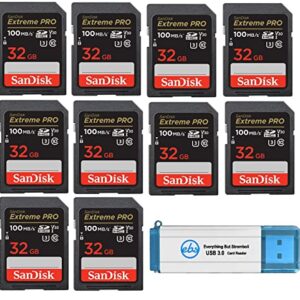 SanDisk 32GB (Ten Pack) SD HC Extreme Pro Memory Card for Digital DSLR Camera SDHC 4K V30 UHS-I (SDSDXXG-032G-GN4IN) with Everything But Stromboli (TM) 3.0 SD/TF Reader