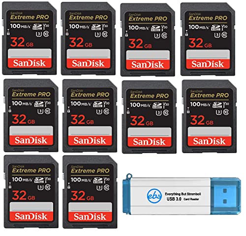 SanDisk 32GB (Ten Pack) SD HC Extreme Pro Memory Card for Digital DSLR Camera SDHC 4K V30 UHS-I (SDSDXXG-032G-GN4IN) with Everything But Stromboli (TM) 3.0 SD/TF Reader