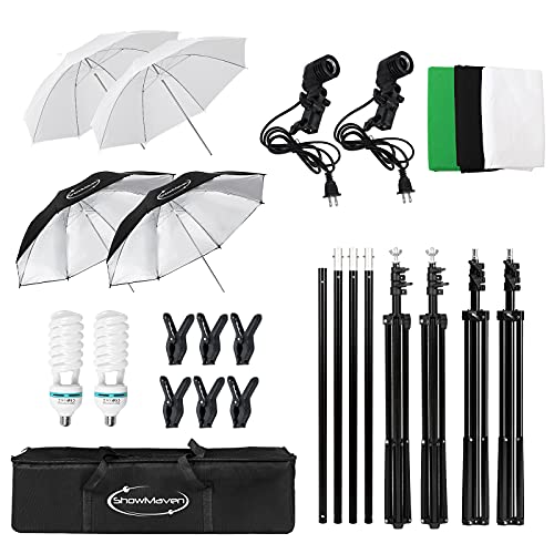 ShowMaven Lighting Kit Photography, 6.5ft x 10ft Background Support System and Umbrellas Continuous Lighting Kit for Photo Studio Product, Portrait and Video Shoot Photography