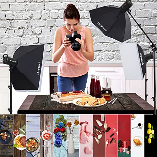 iprotech 6PCS 12 Patterns Double-Sided Photography Background Paper with Stand, Waterproof Reusable 34x23in Morandi Wood Photo Tabletop Backdrops for Food Jewelry Cosmetics Makeup