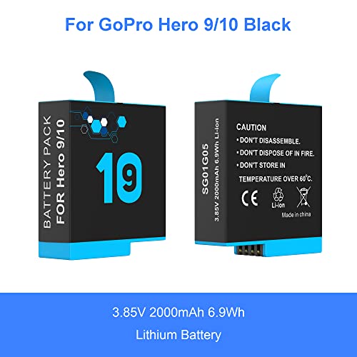 3 Pack 2000mAh Batteries for GoPro Hero 10 Hero 9, 3-Channel Fast Battery Charger Station with Battery Digital LCD Display and Micro SD Card Reader Function