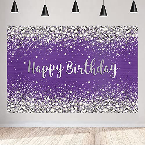 Aperturee 5x3ft Glitter Purple Diamonds Happy Birthday Backdrop Shinning Silver Bokeh Dots Women Girls Photography Background Sweet 16 Party Decorations Cake Table Banner Supplies Photo Booth Studio