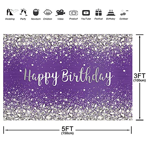 Aperturee 5x3ft Glitter Purple Diamonds Happy Birthday Backdrop Shinning Silver Bokeh Dots Women Girls Photography Background Sweet 16 Party Decorations Cake Table Banner Supplies Photo Booth Studio