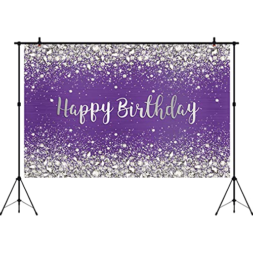 Aperturee 5x3ft Glitter Purple Diamonds Happy Birthday Backdrop Shinning Silver Bokeh Dots Women Girls Photography Background Sweet 16 Party Decorations Cake Table Banner Supplies Photo Booth Studio