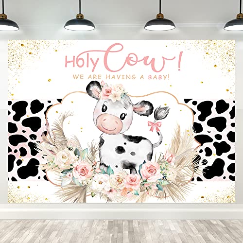 Imirell Holy Cow Baby Shower Backdrop 7Wx5H Feet Farm Pink Floral Baby Shower Party Cow Print Photography Backgrounds Props Decoration Polyester Fabric