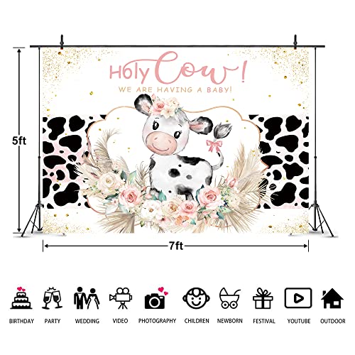 Imirell Holy Cow Baby Shower Backdrop 7Wx5H Feet Farm Pink Floral Baby Shower Party Cow Print Photography Backgrounds Props Decoration Polyester Fabric