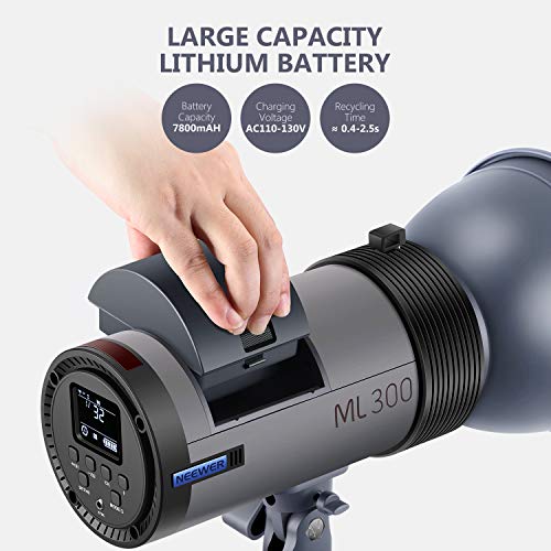 Neewer ML300 300W Outdoor Studio Flash Strobe Li-ion Battery Powered Monolight with 2.4G Wireless Trigger, 1000 Full Power Flashes, Recycle in 0.4-2.5 Sec, Bowens Mount