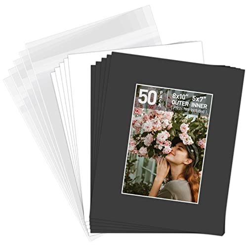 Golden State Art, Pack of 50 8x10 Black Picture Mat Mattes with White Core Bevel Cut for 5x7 Photo + Backing + Bags