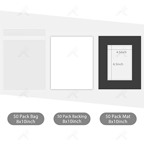 Golden State Art, Pack of 50 8x10 Black Picture Mat Mattes with White Core Bevel Cut for 5x7 Photo + Backing + Bags